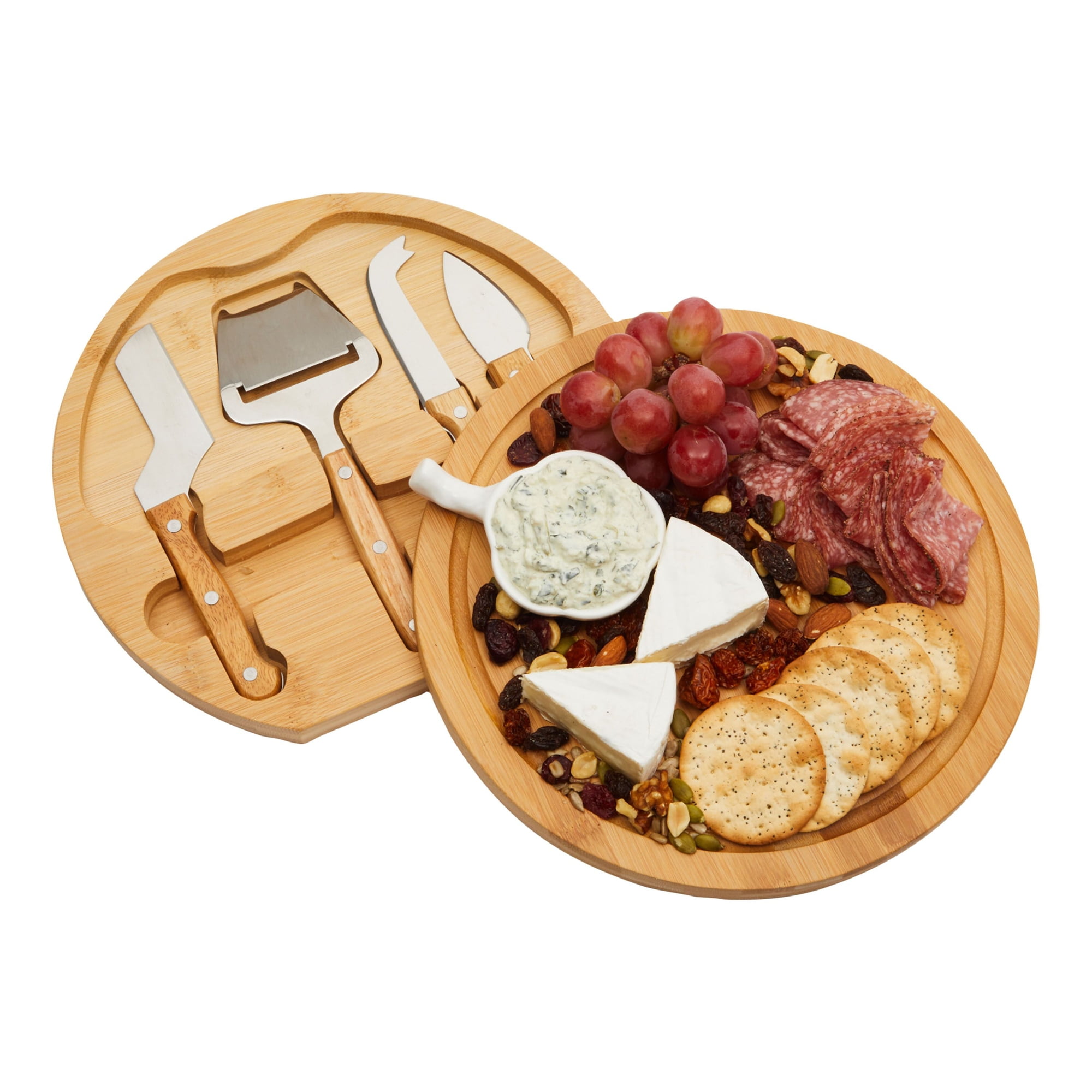 Cheese Cutting Board Set with 4-Piece Knife Tools, Swivel Bamboo Tray ...
