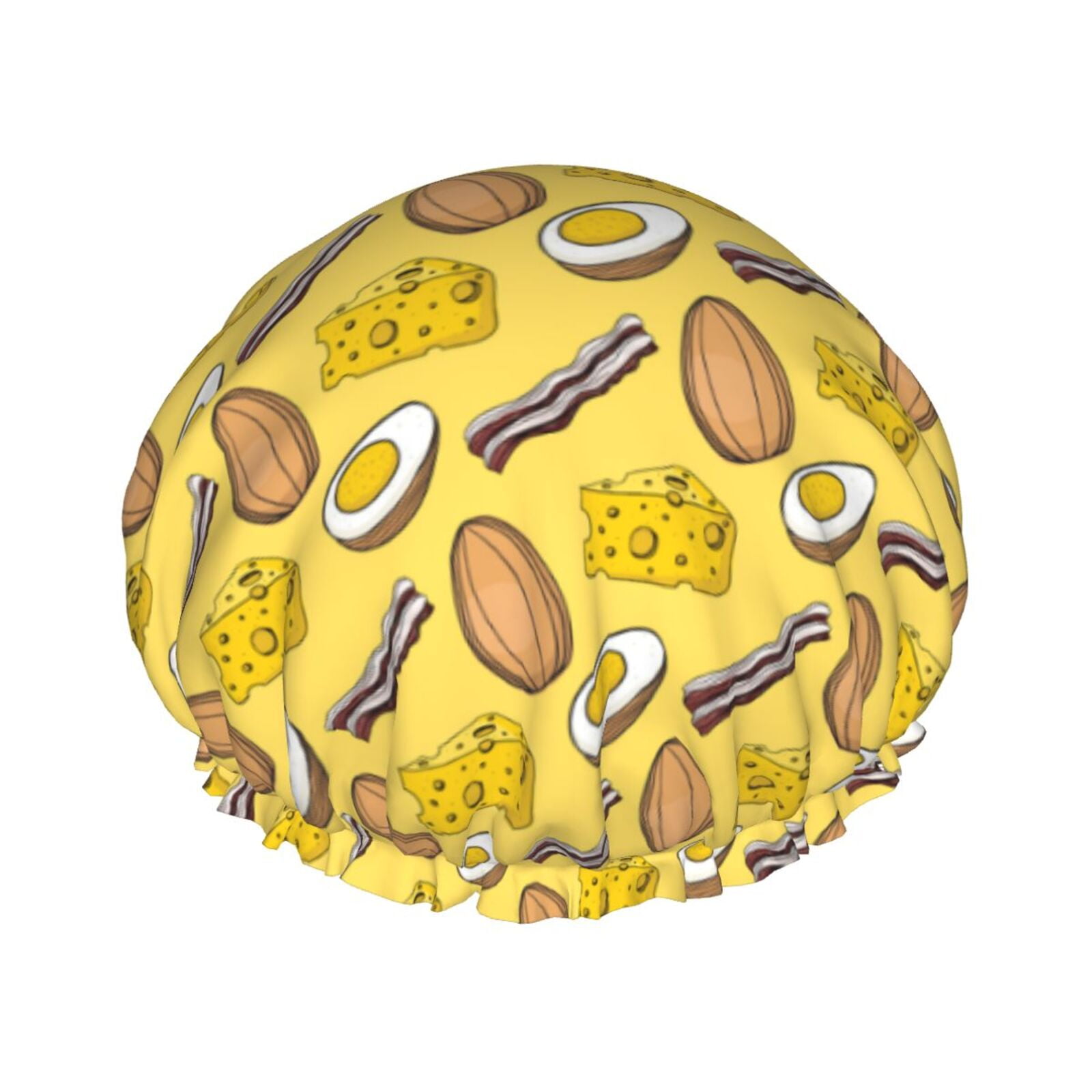 Cheese Egg Bacon Print Yellow Shower Cap, Reusable Bath Hair Hat for ...