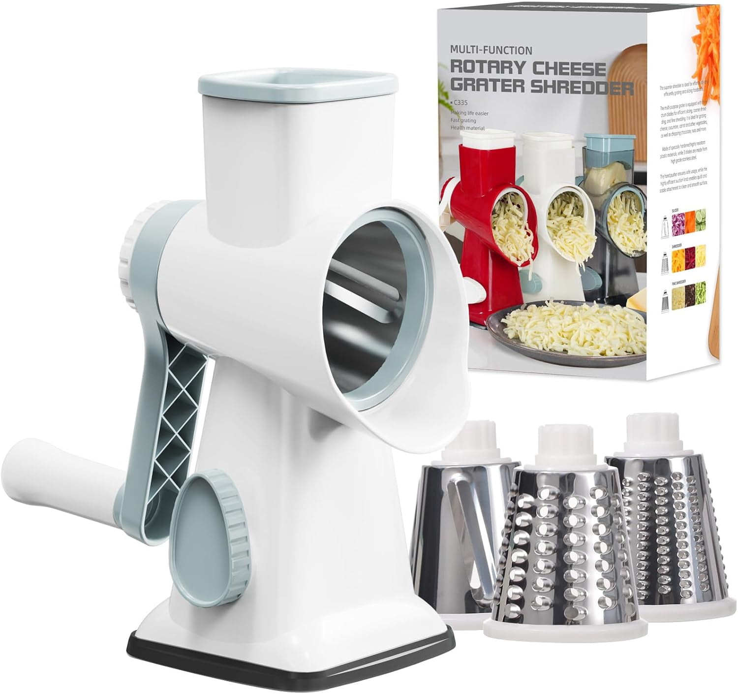 Cheese Grater Cheese Shredder with Interchangeable Blades, Rotary ...