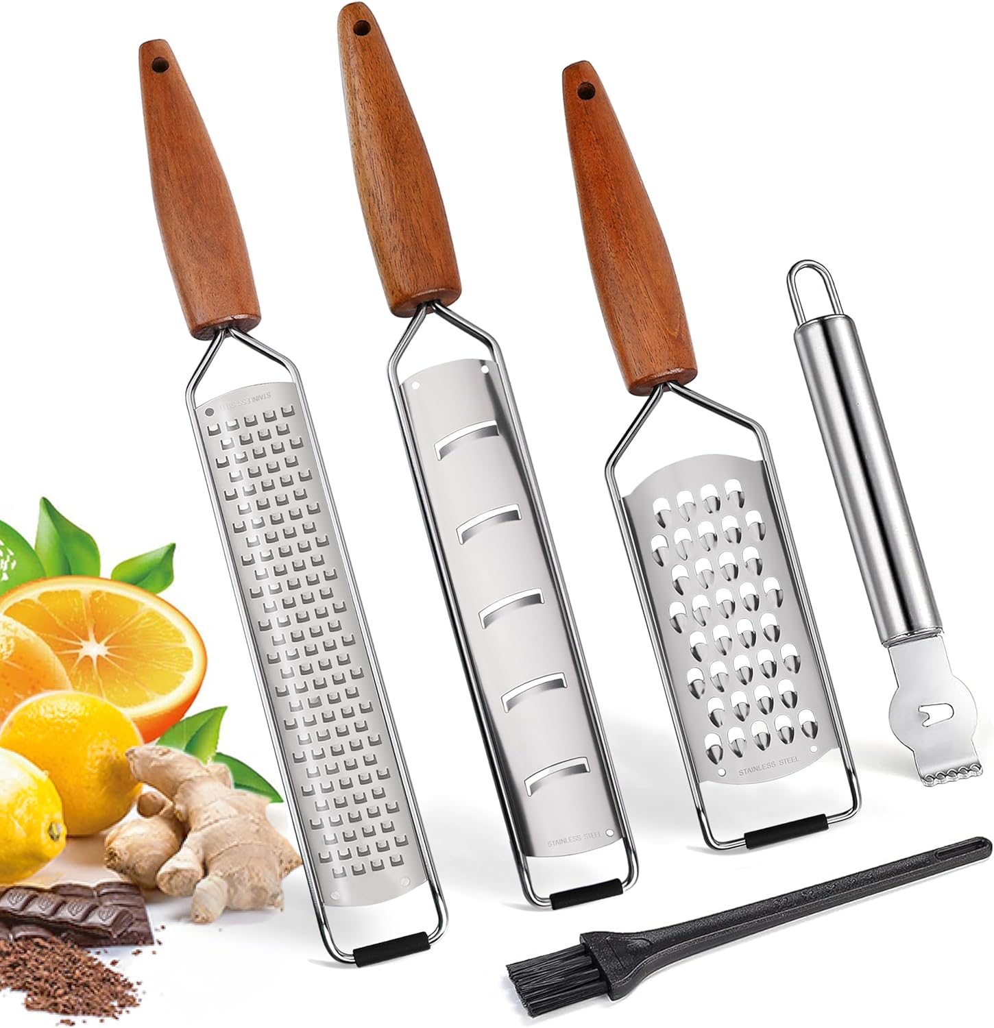 Cheese Grater Zester Set of 5, 304 Stainless Steel with Acacia Wood ...