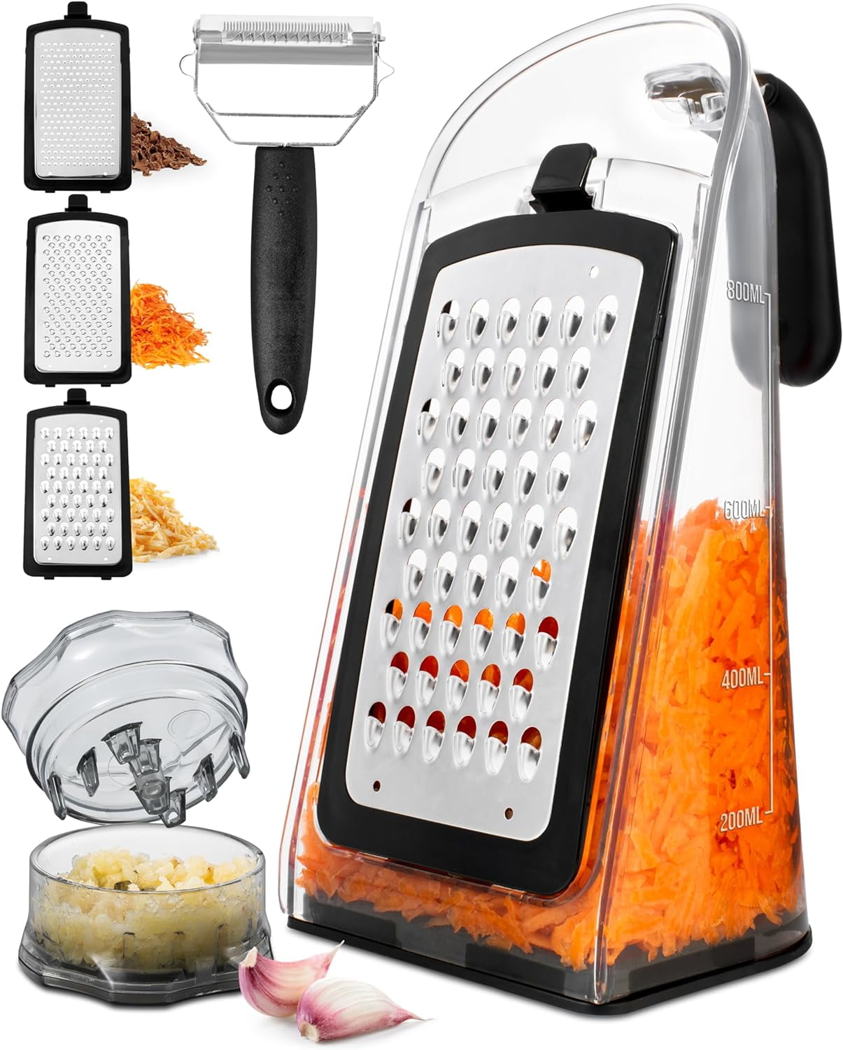 Cheese Grater with Garlic Crusher- Box Vegetable Shredder 3 Stainless ...