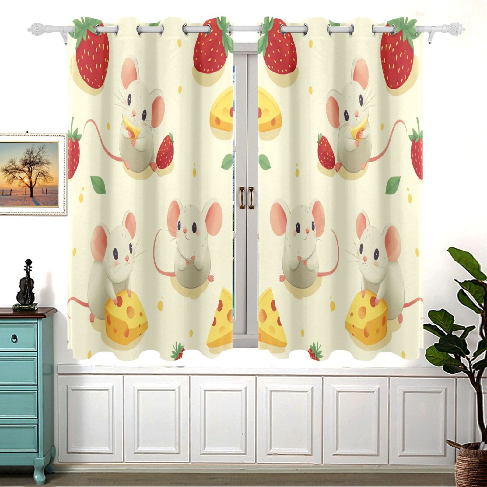 Cheese Mice Strawberries Curtains Grommet Black Out 54 Inch Length ...