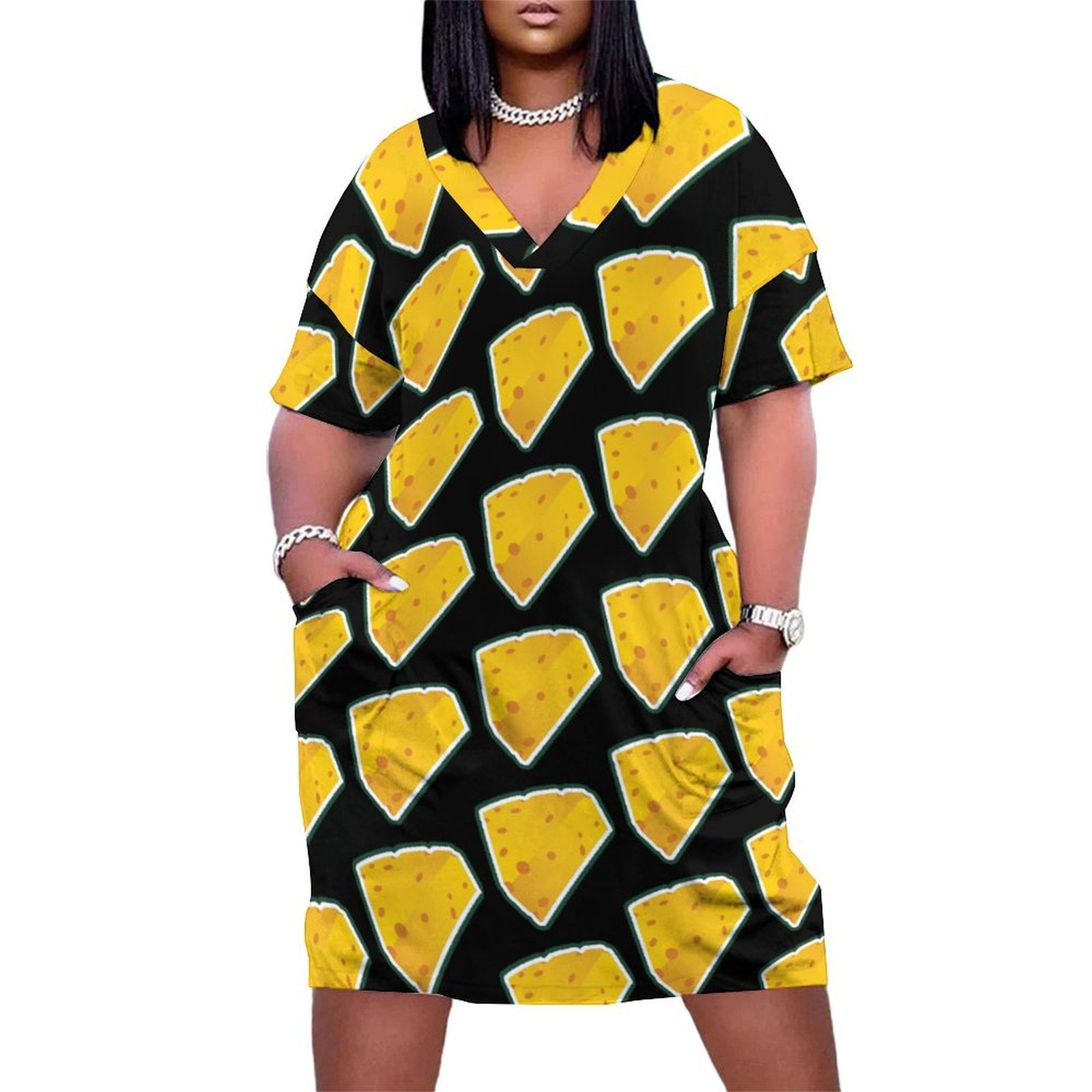 Cheese Pattern On Black Loose Pocket Dress Dresses Summer Summer ...