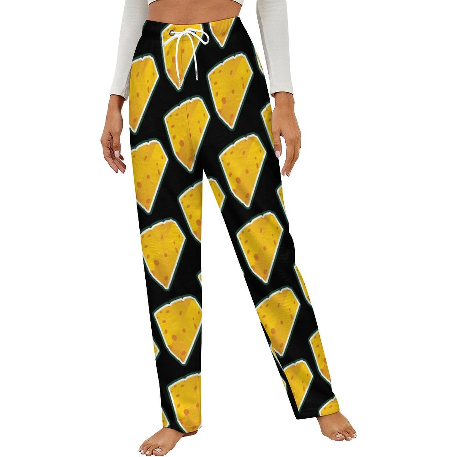 Cheese Pattern On Black Winter Female Pants Flannel High Waist Women ...