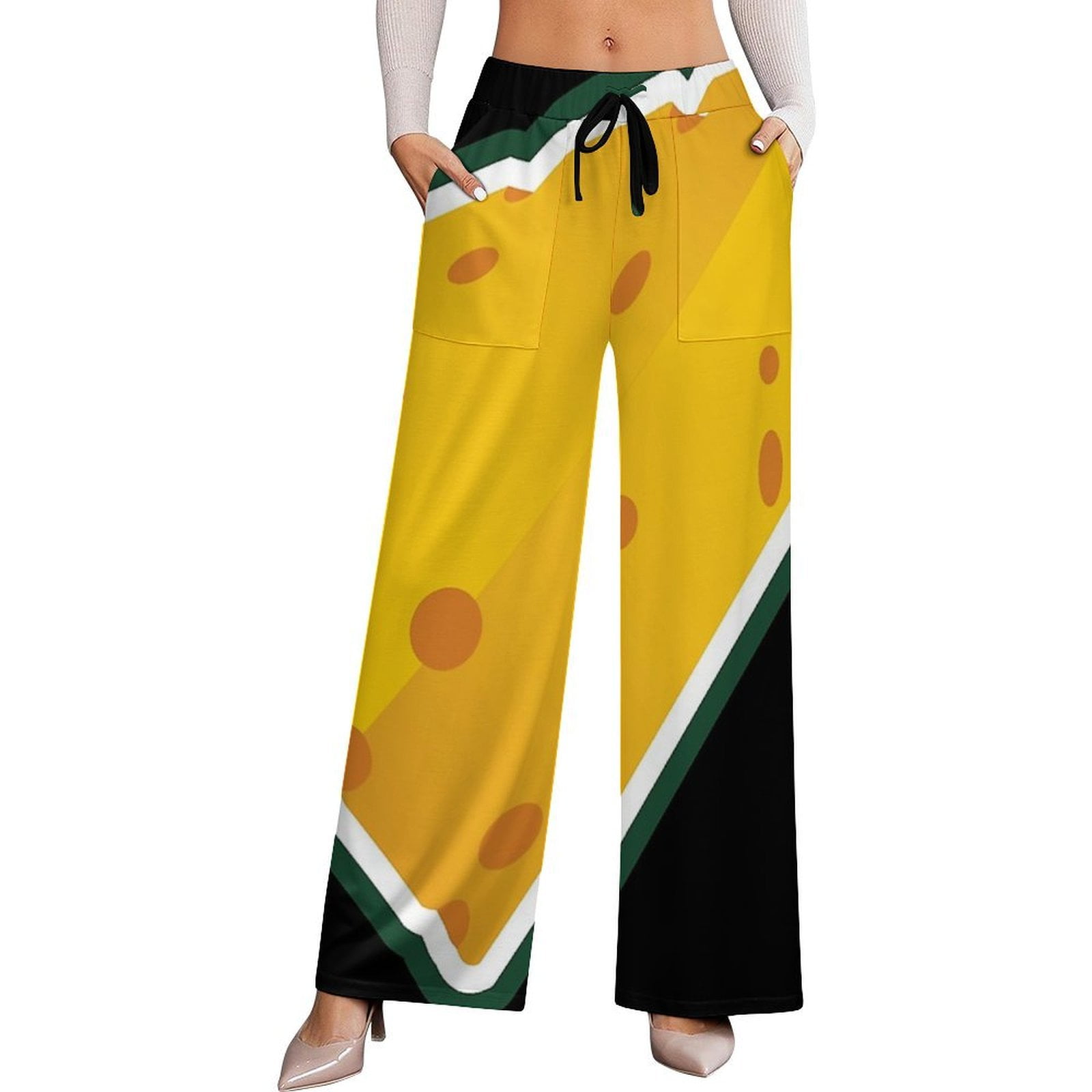 Cheese Pattern On Black Women's Casual Wide Leg Pants Comfort Pockets ...
