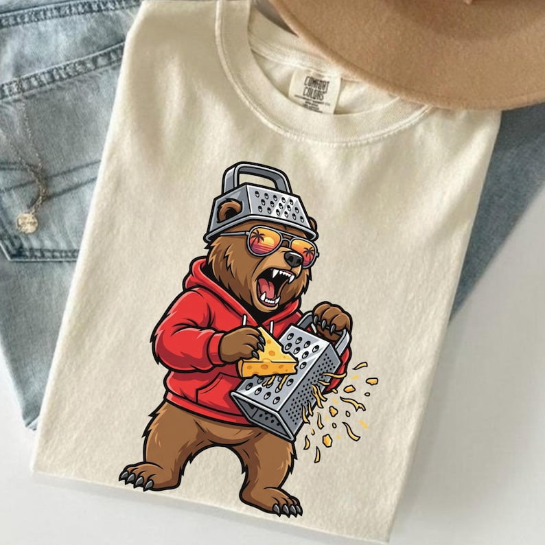Cheese Shredding Bear Graphic Tee Culinary Animal Retro Kitchen Humor ...