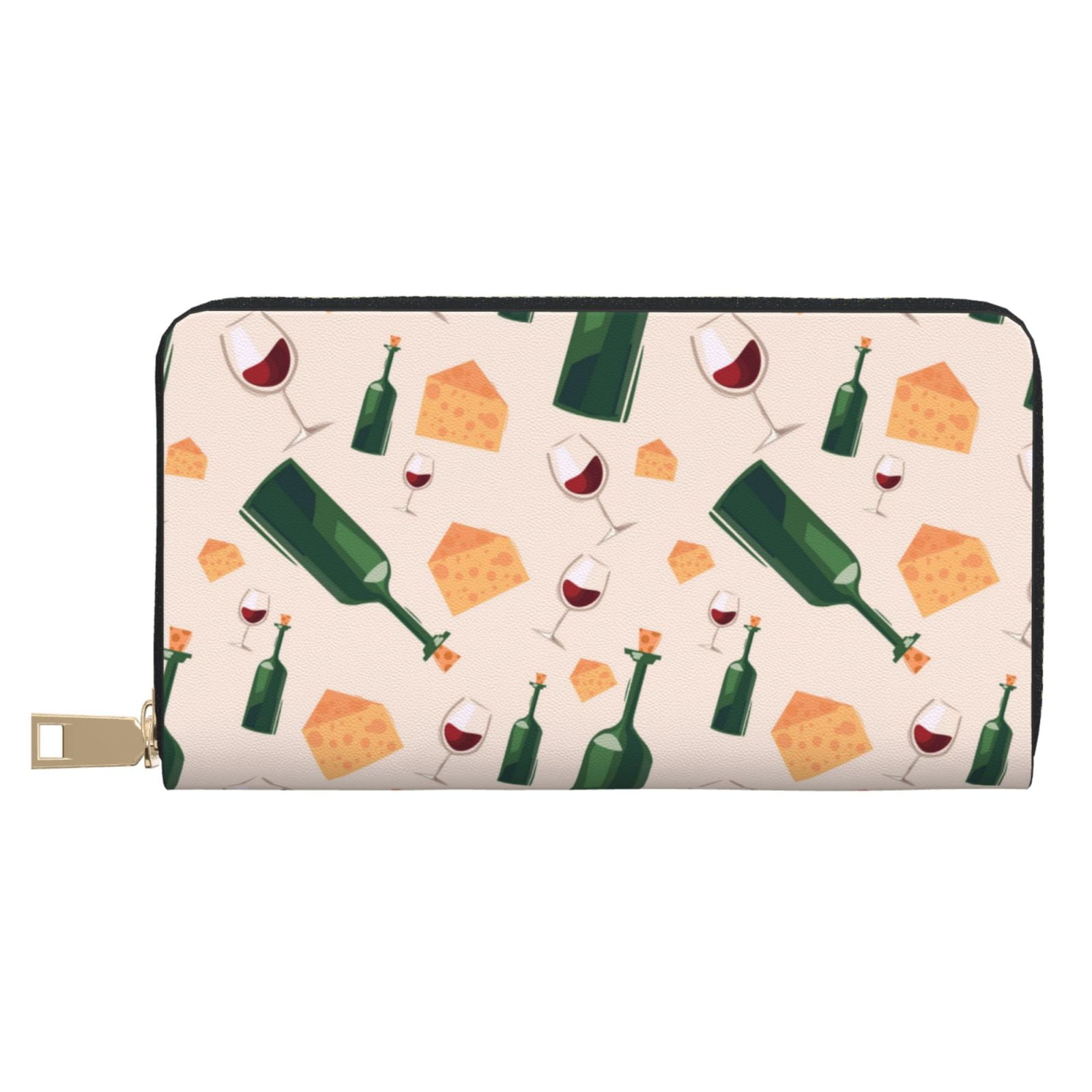 Cheese Wine Bottle Print Wallet Women, Leather Bifold Multi Card Wallet ...