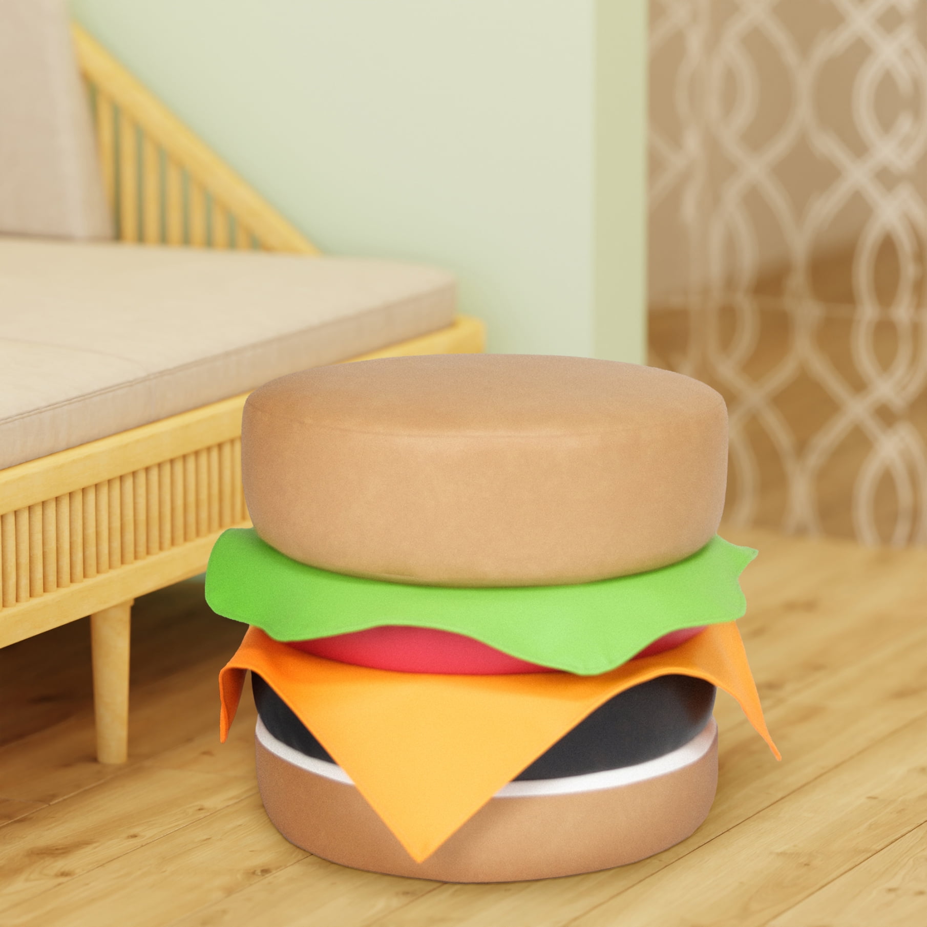 Cheeseburger Ottoman, Multi Color Faux Leather Round Ottoman with Solid ...
