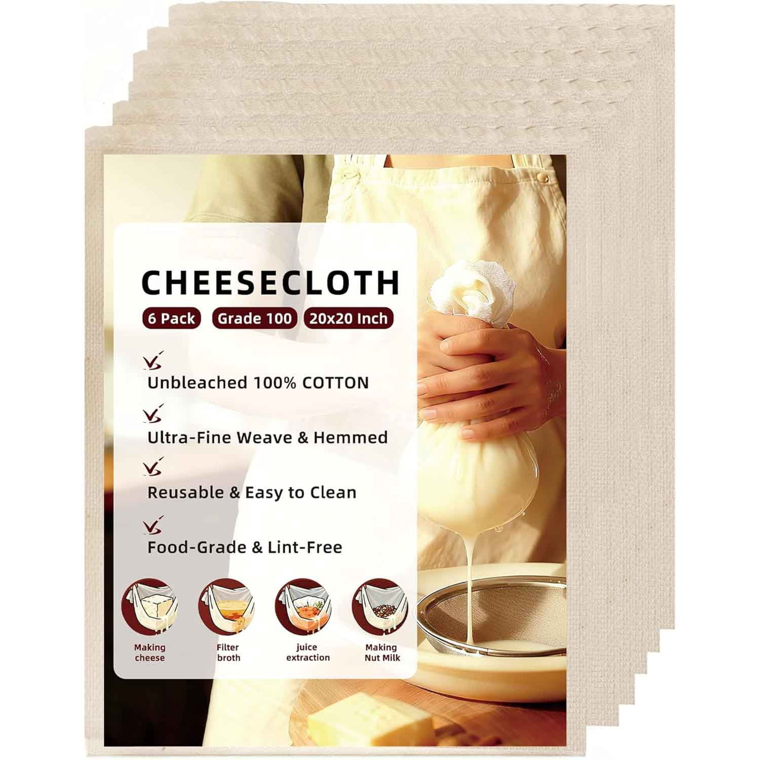 Cheesecloth 6-Pack, Unbleached Cotton, Fine Filtration for Nut Milk and ...