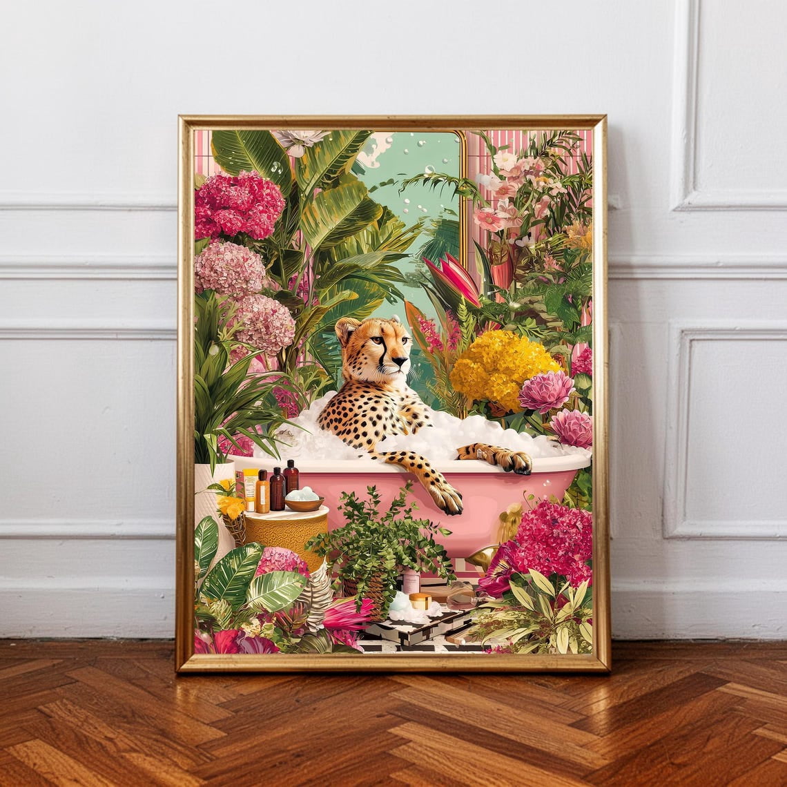 Cheetah Bath Wall Art, Luxury Jungle Bathroom Poster, Floral Animal ...