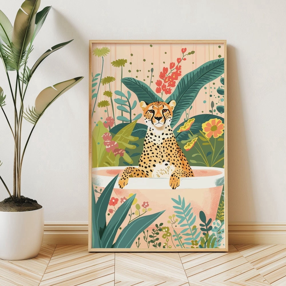 Cheetah Bathtub Jungle Kids Bathroom Poster Home Decor Office Wall Art ...