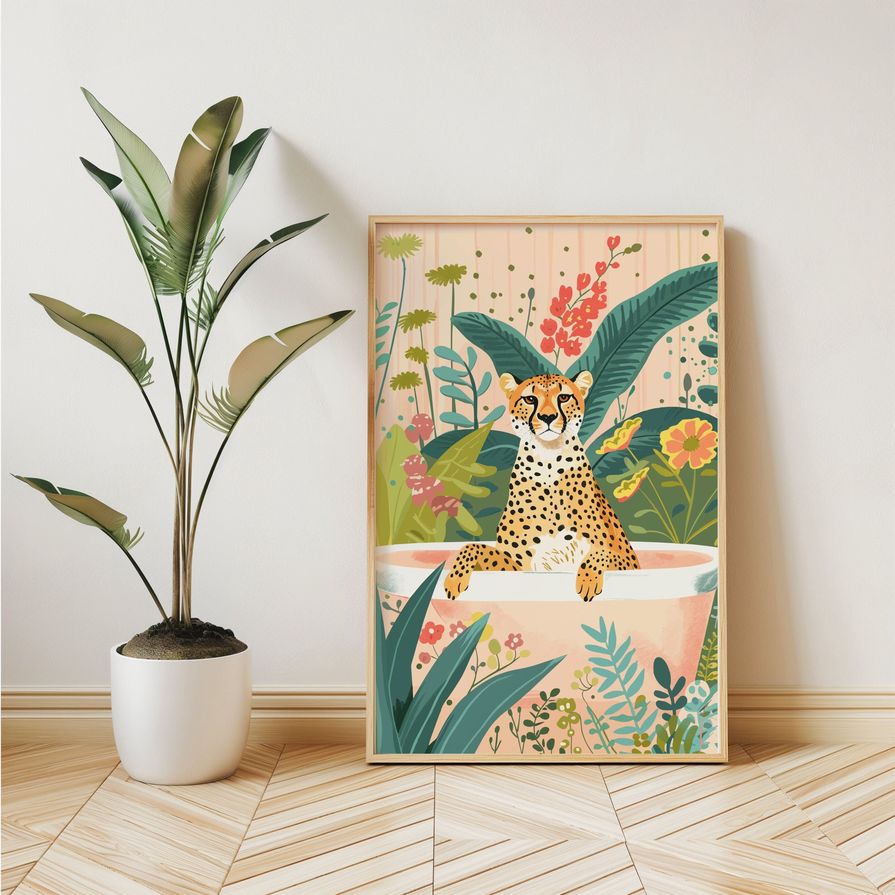 Cheetah Bathtub Wall Artdigital Animal Kids Room Poster Boho Jungle ...
