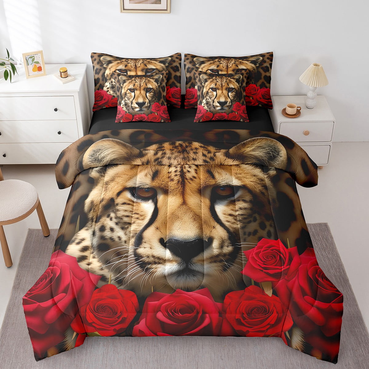 Cheetah Bed in a Bag Queen Size Comforter Set 7 Pieces,Red Rose Flower ...