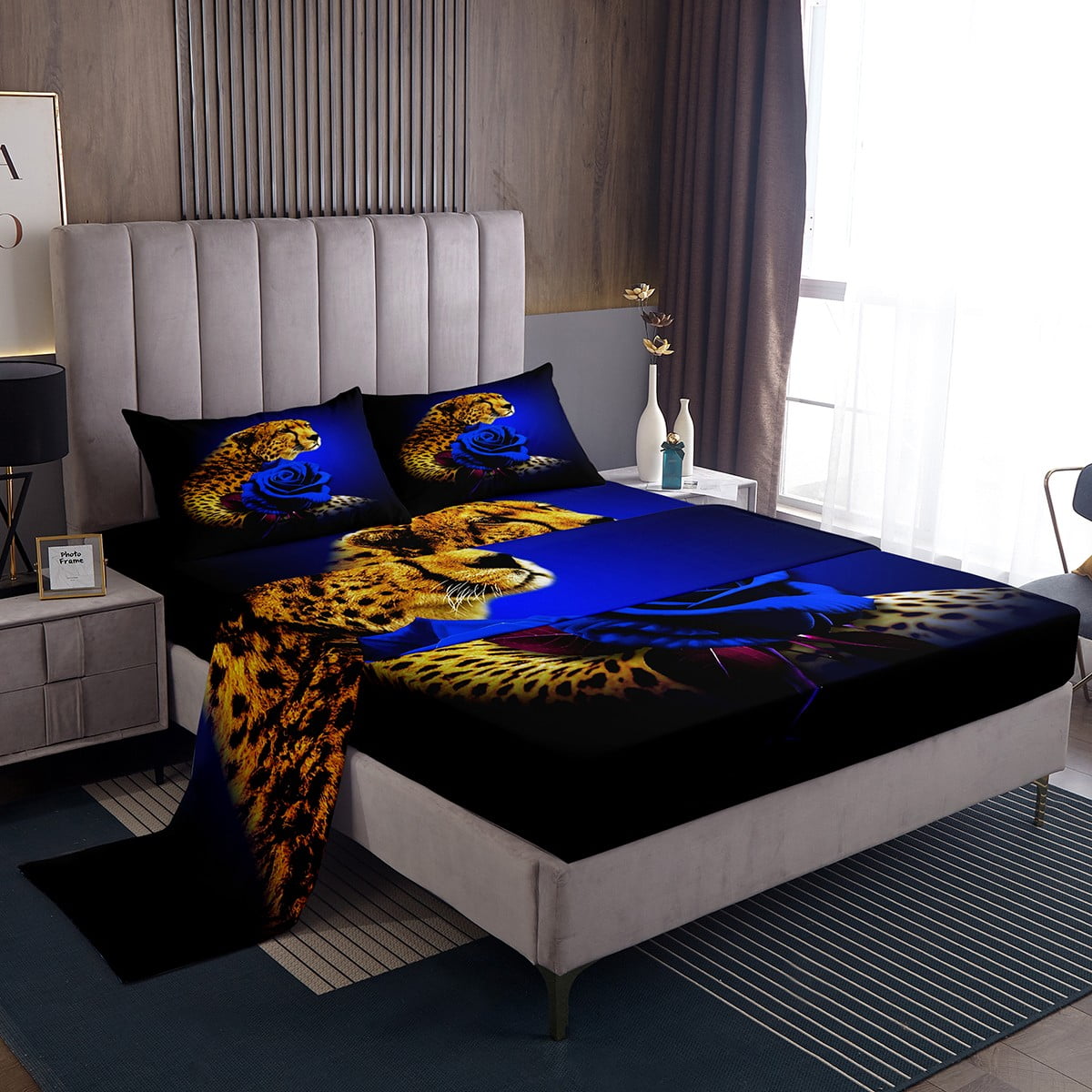 Cheetah Bed Sheets Set Leopard Print Queen Sheet Set,Romantic Blue Rose ...