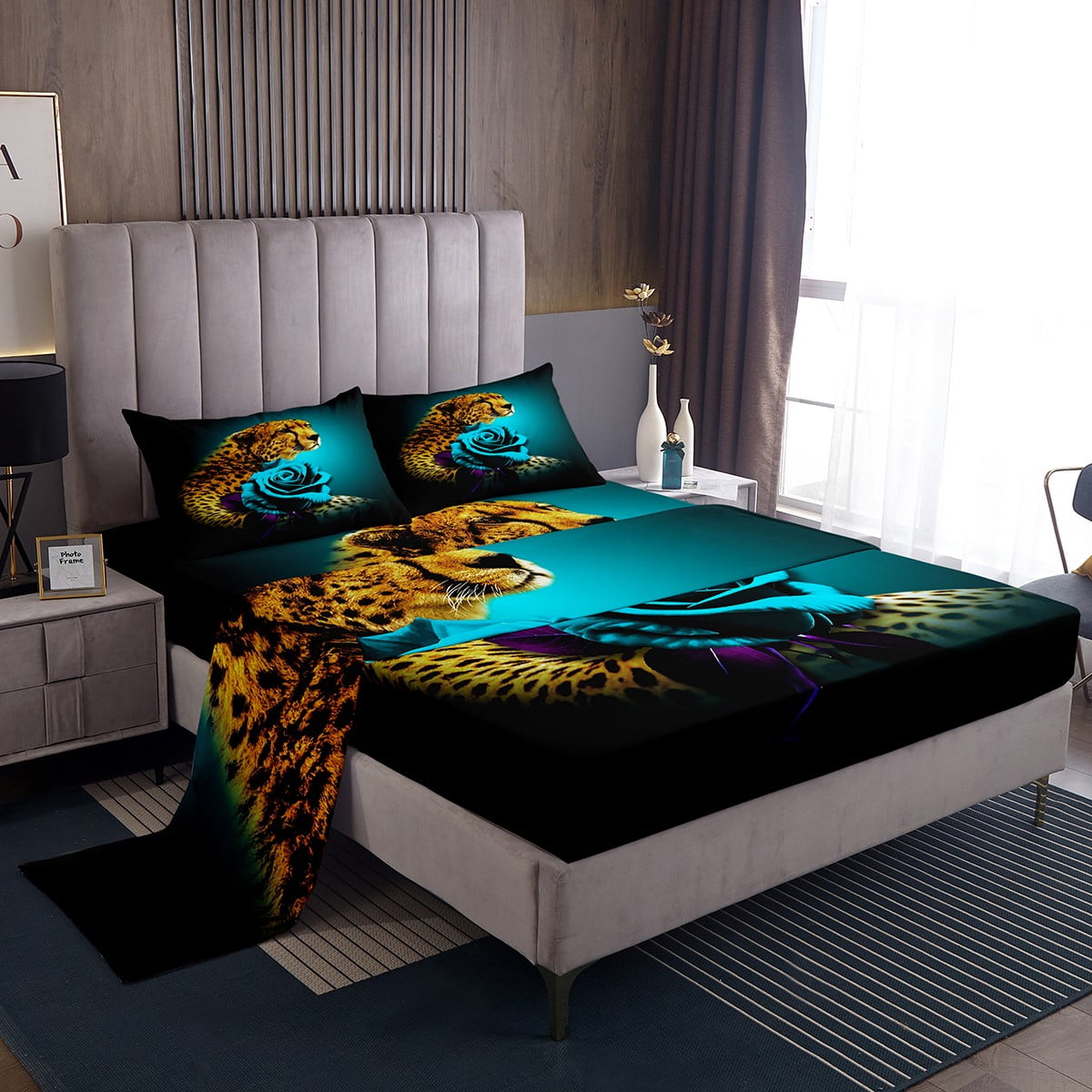 Cheetah Bed Sheets Set Leopard Print Twin Sheet Set,Romantic Teal Rose ...