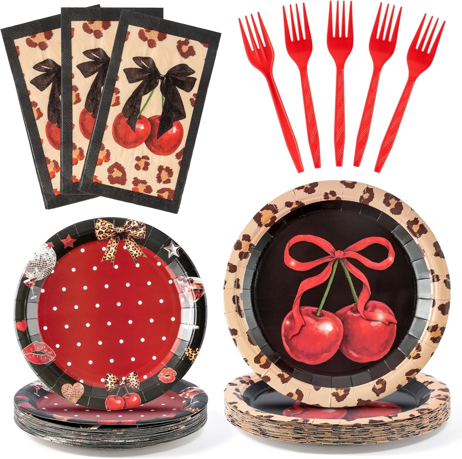 Cheetah Cherry Tableware - 96Pcs Red Cherry Bow Leopard Print Decor Red ...