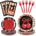 Cheetah Cherry Tableware - 96Pcs Red Cherry Bow Leopard Print Decor Red ...