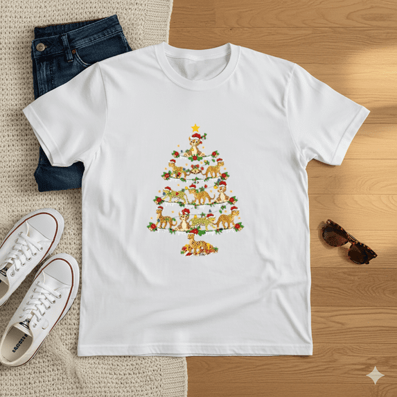 Cheetah Christmas Tree Funny Holiday Lighting Xmas Unisex Tee up to ...