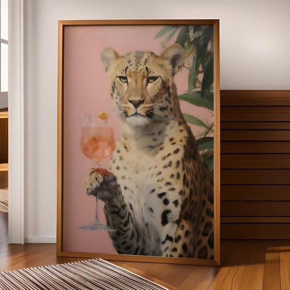 Cheetah Cocktail Art Poster Jungle Bar Decor Poster, Unframed Canvas ...