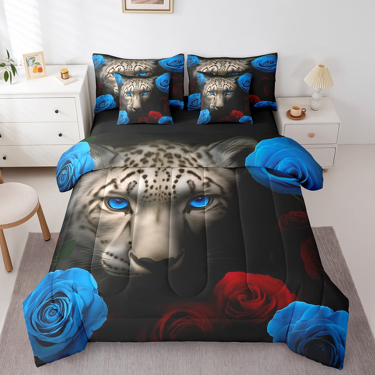 Cheetah Comforter Set 7 Piece Bed in a Bag Twin,Blue Rose Sheet Set ...
