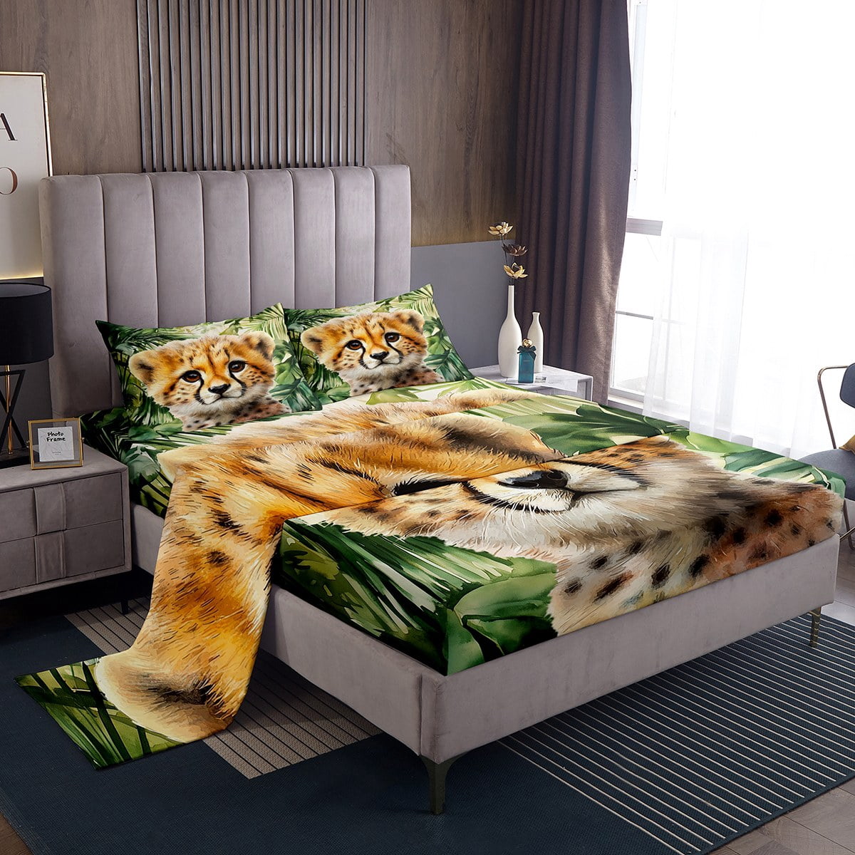 Cheetah Cub Bed Sheet Set Queen Size Tropical Palm Leaves Sheet Set ...