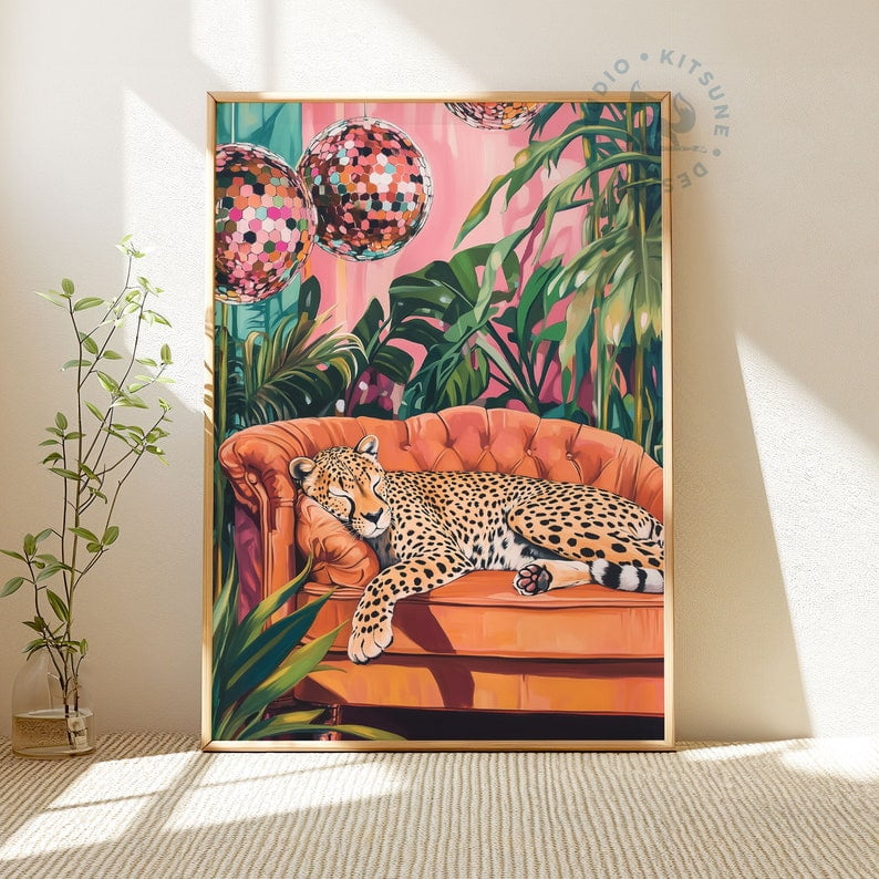 Cheetah Disco Ball Wall Art, Funky Jungle Bedroom Decor Gift, Retro ...