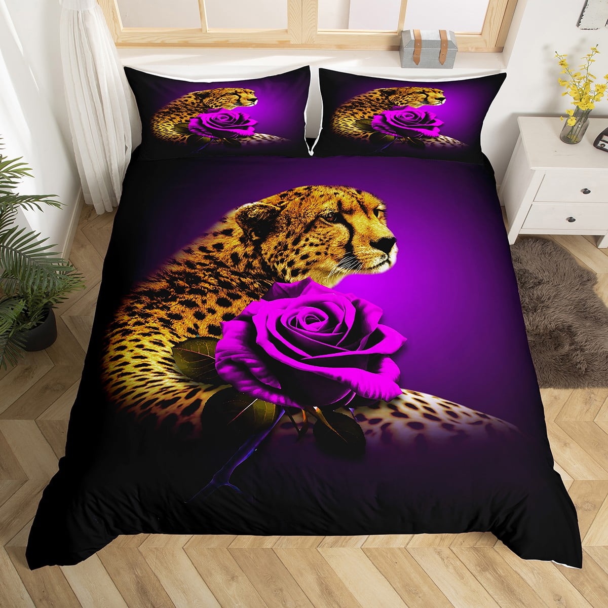 Cheetah Duvet Cover Leopard Print Queen Bedding Set,Romantic Purple ...