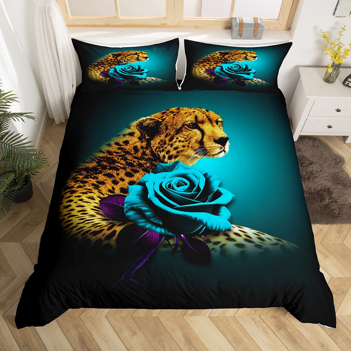 Cheetah Duvet Cover Leopard Print Queen Bedding Set,Romantic Teal Rose ...