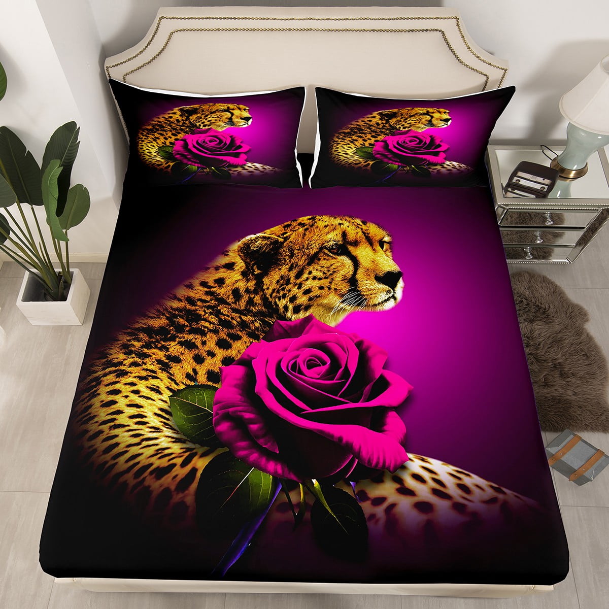 Cheetah Fitted Sheet Leopard Print Twin Bed Sheets Girls Romantic Peach