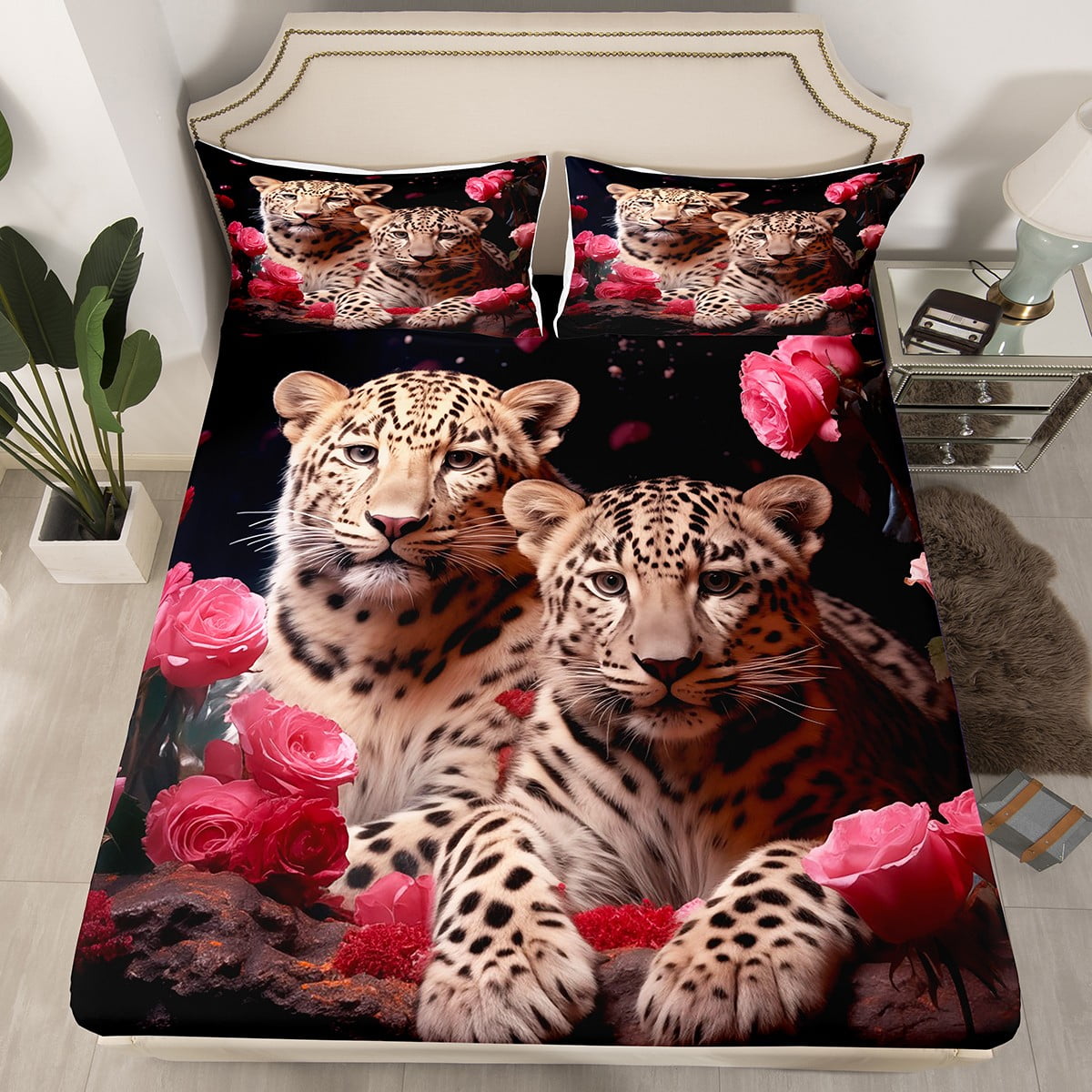 Cheetah Fitted Sheet Pink Rose Flowers Bed Sheets Full,Leopard Print ...