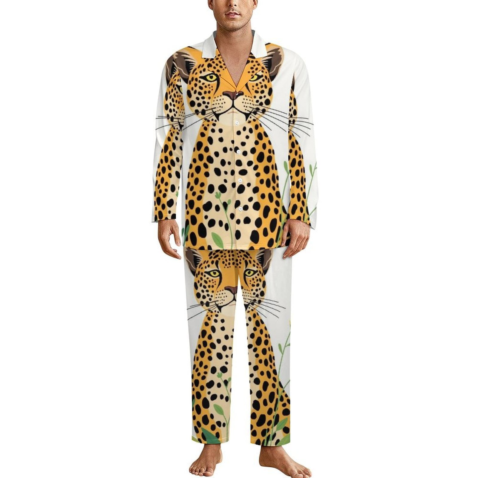Cheetah Floral Art Pajama Set Soft Sleepwear Man Long Sleeves Casual ...