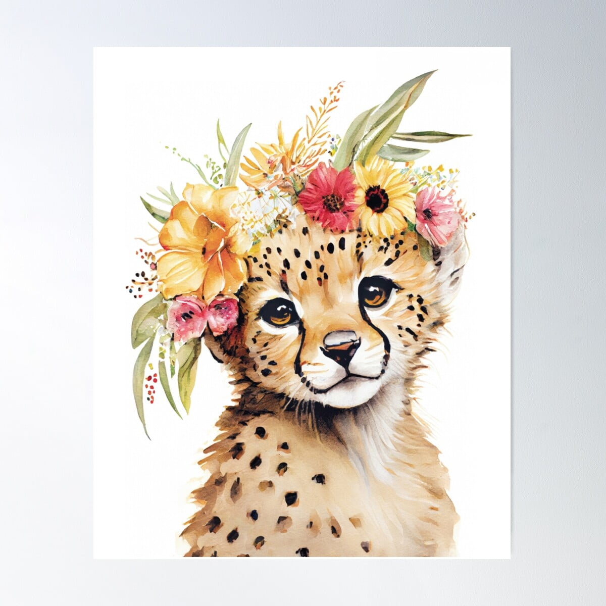 Cheetah With Flower Crown Art Print, Watercolor Safari Nursery Decor ...