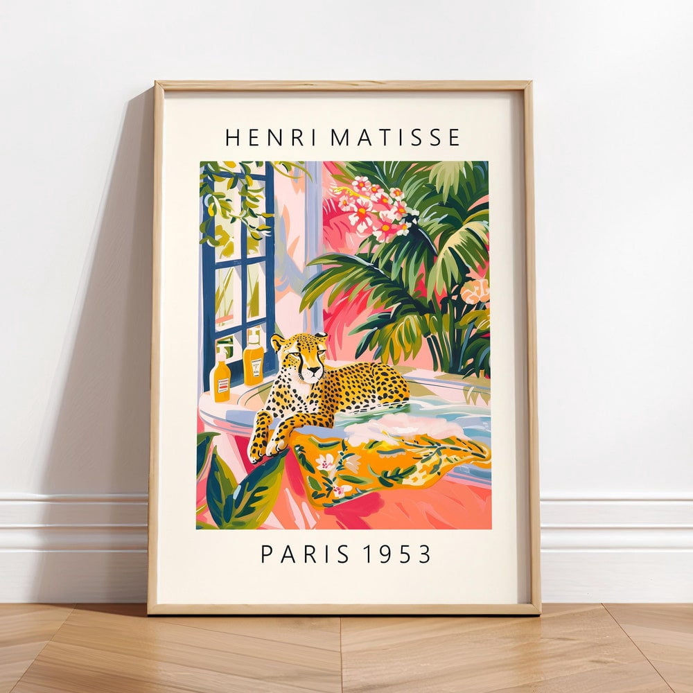 Cheetah In Bathtub Funny Poster Mid Century Print Matisse Art Pink ...