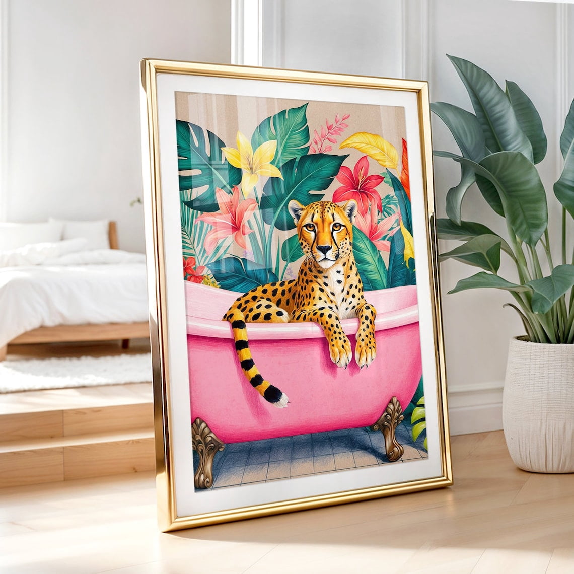 Cheetah In Pink Bathtub Art Print, Funny Bathroom Poster Unframed Paper ...