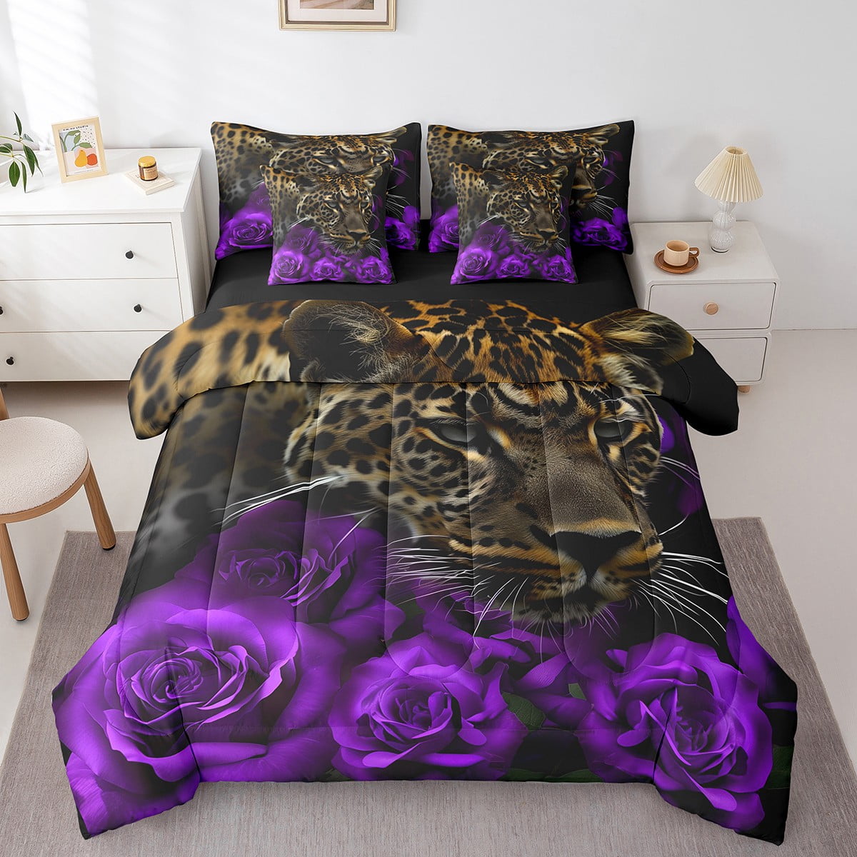 Cheetah King Comforter Set,7 Pieces Soft Microfiber Purple Rose ...