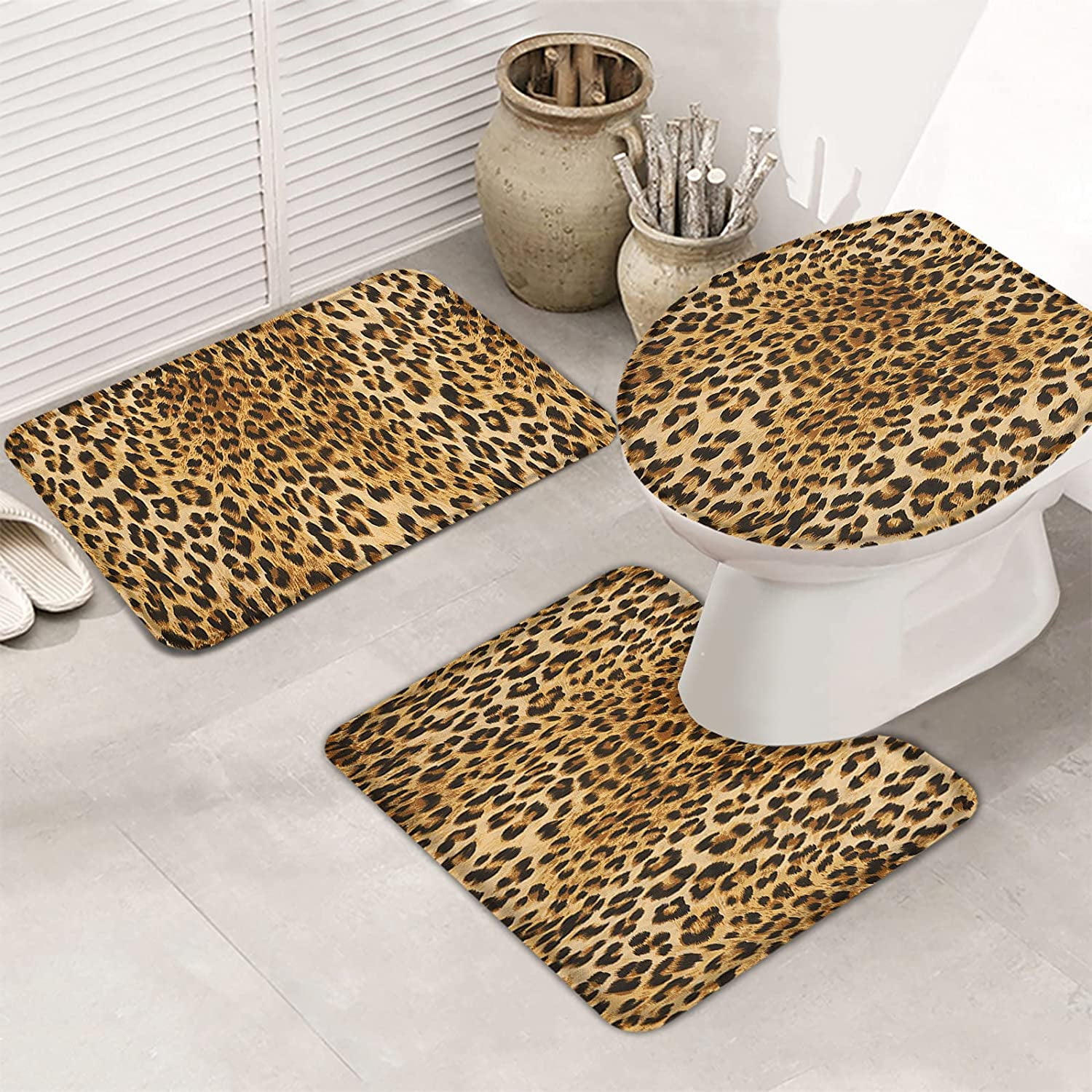 Cheetah Leopard Skin Bath Rug Set 3 Piece U-Shaped Shower Mat Bathroom ...