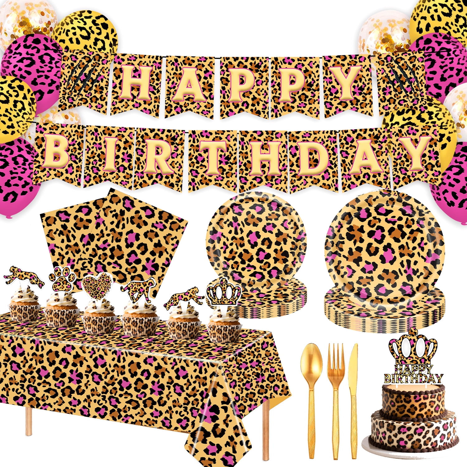 Cheetah Party Decorations Tableware Set, Pink Cheetah Print Birthday ...