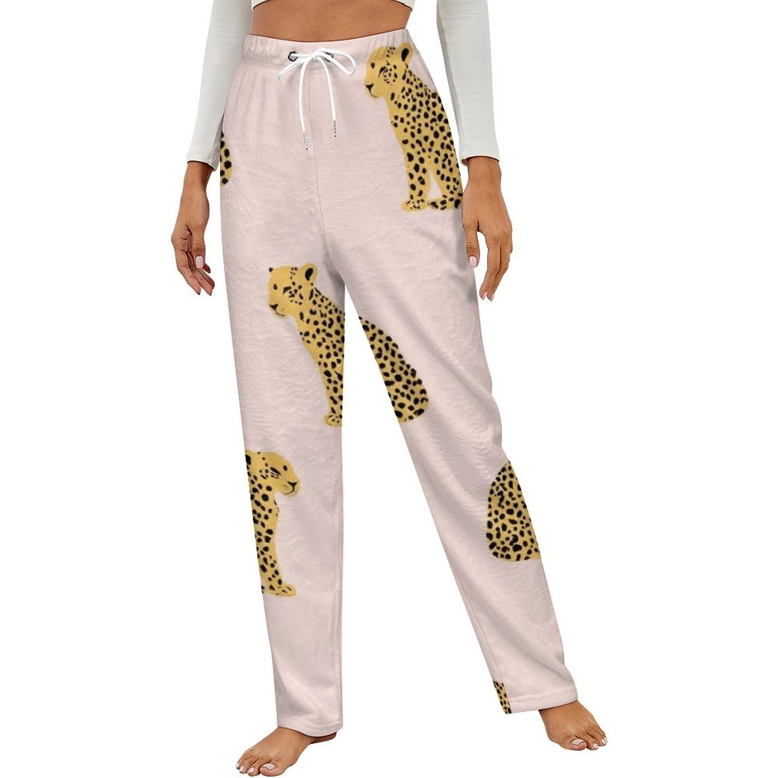 Cheetah Pattern Pink Background Repeat Winter Female Pants Flannel High ...