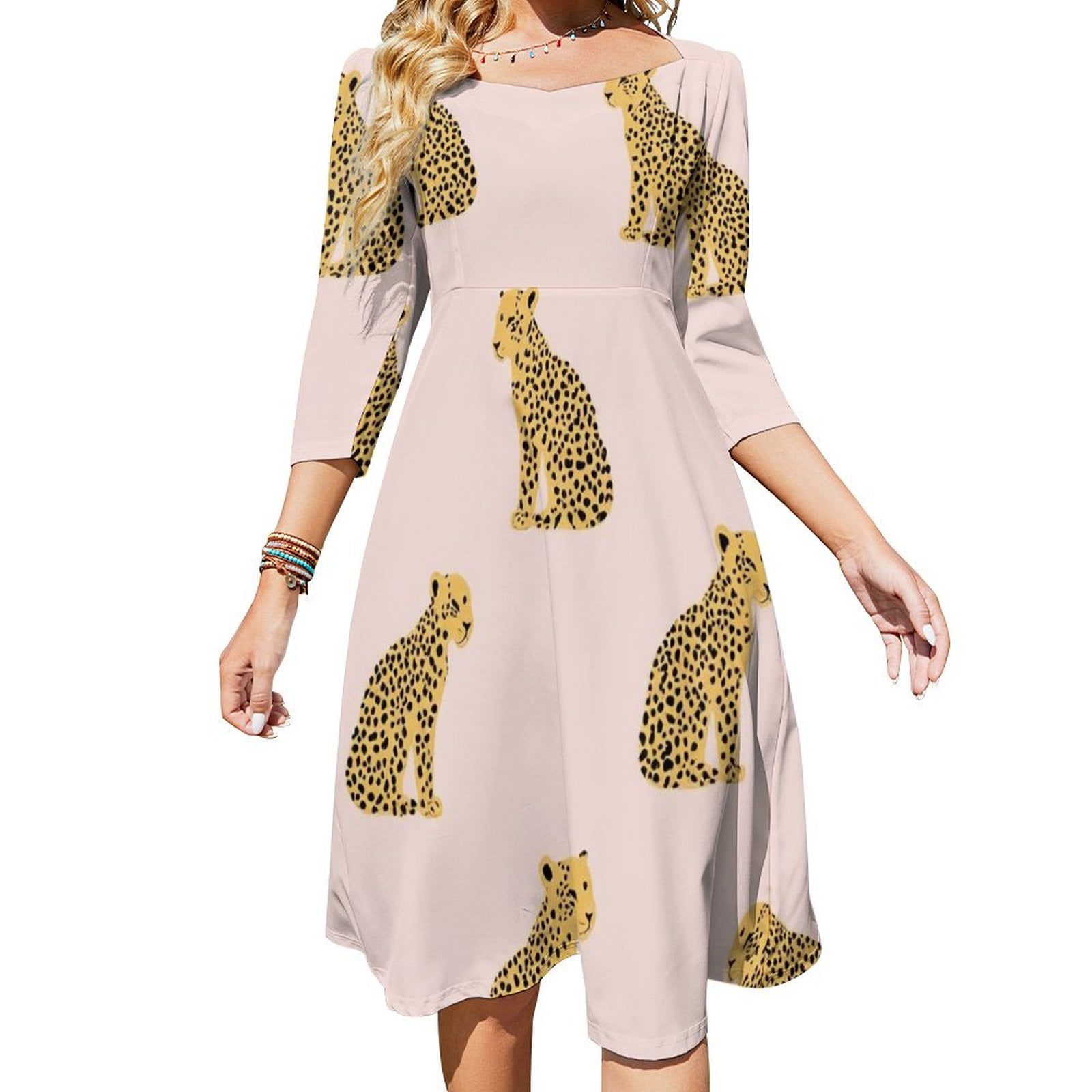 Cheetah Pattern Pink Background Repeat Women's 3/4 Sleeve Dresses ...