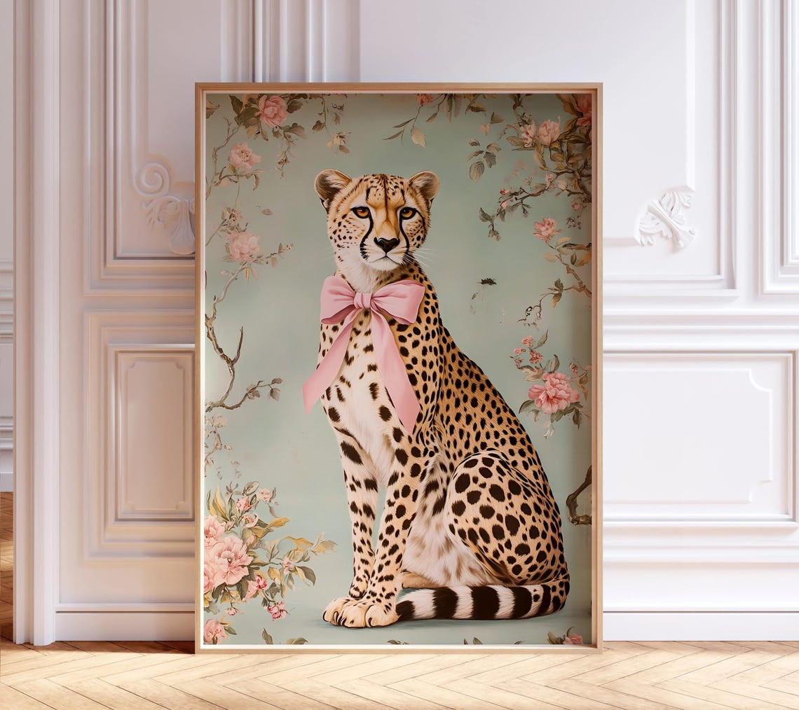 Cheetah With Pink Bow Print, Light Green Chinoiserie Artwork, Pastel ...