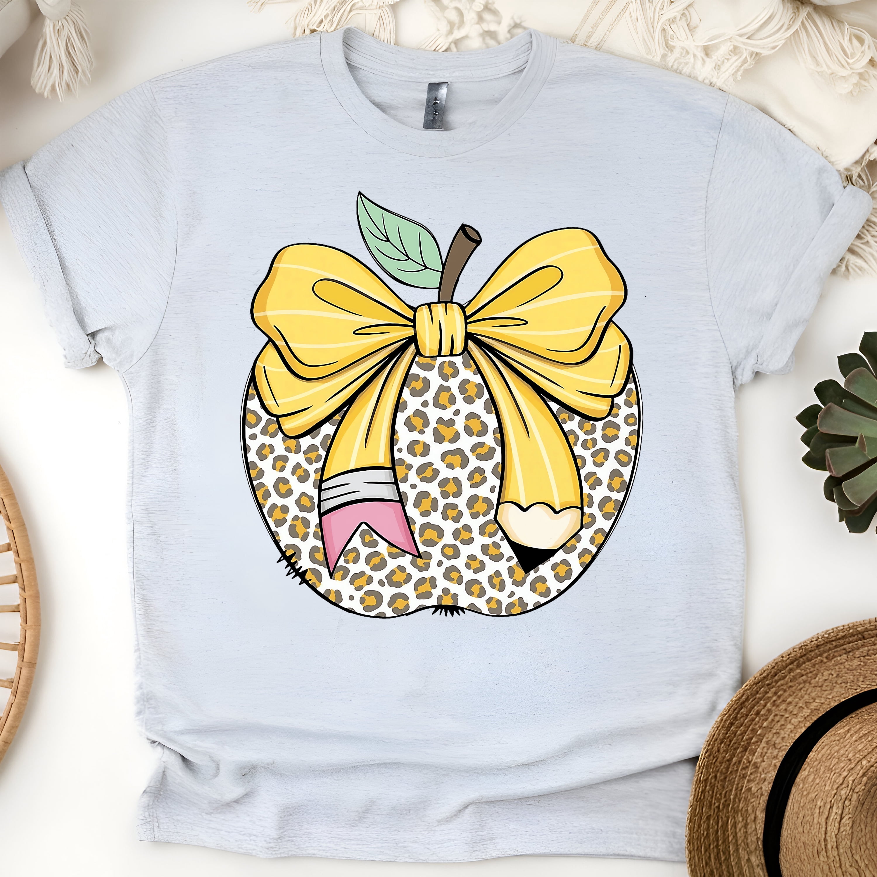 Cheetah Print Apple T-Shirt – Cute Pencil Bow Teacher Life Graphic Tee ...