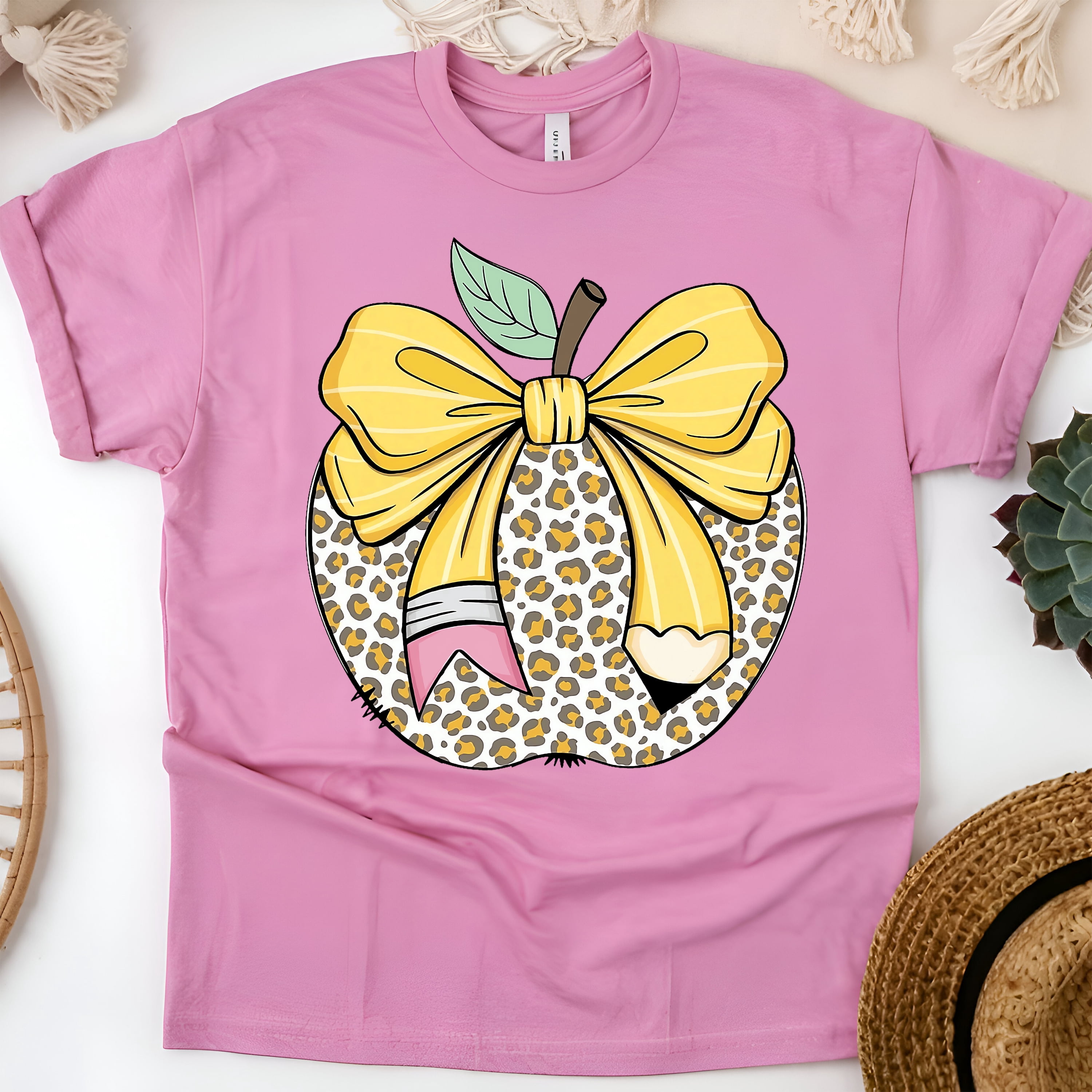 Cheetah Print Apple T-Shirt – Cute Pencil Bow Teacher Life Graphic Tee ...