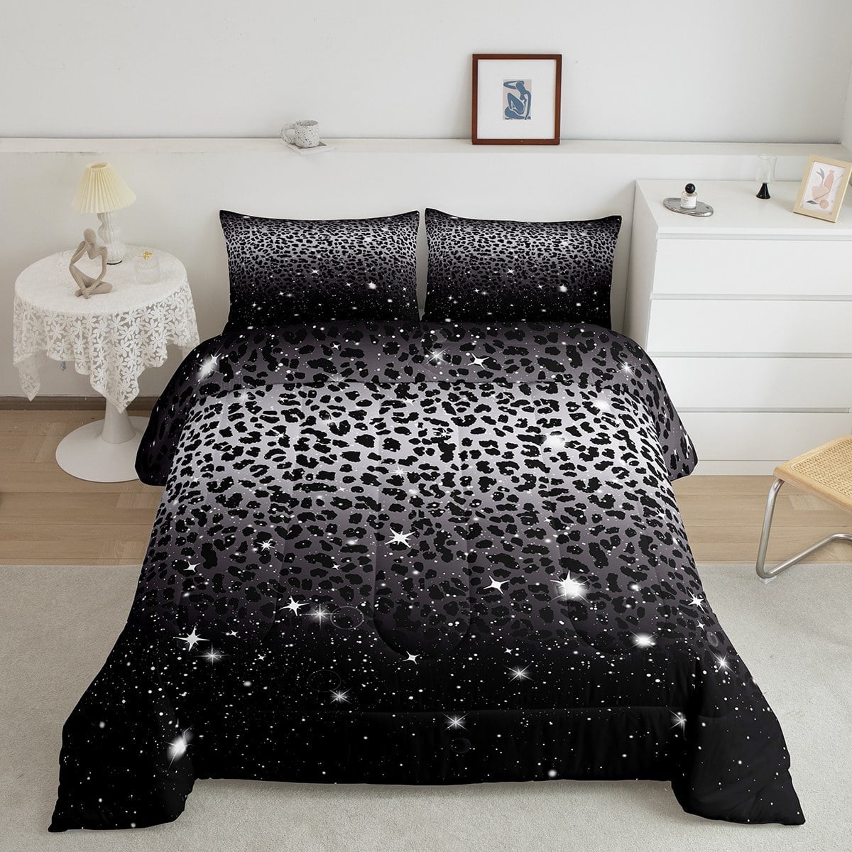 Erosebridal Cheetah Leopard Bedding Comforter, Black Grey Glitter ...