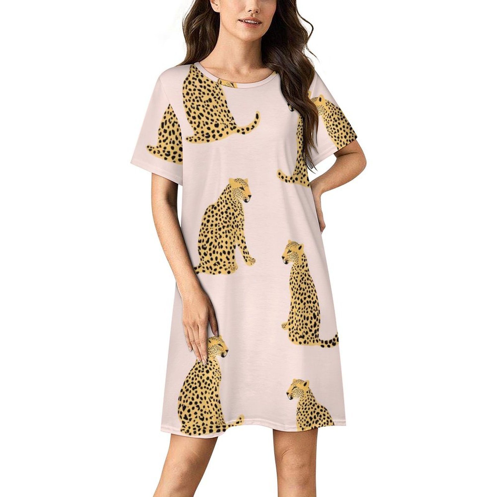 Cheetah Print Seamless Pattern Women Nightgown Sleepwear Short Sleeves ...