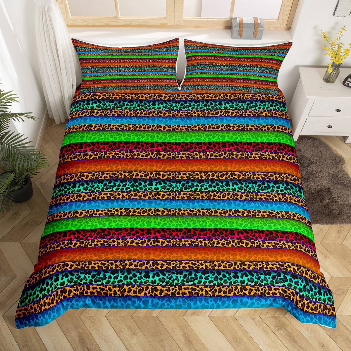 Cheetah Print Striped Duvet Cover Rainbow Leopard Print Stripes Bedding ...