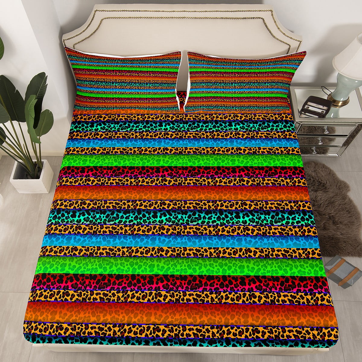 Cheetah Print Striped Fitted Sheet Rainbow Leopard Print Stripes Bed ...