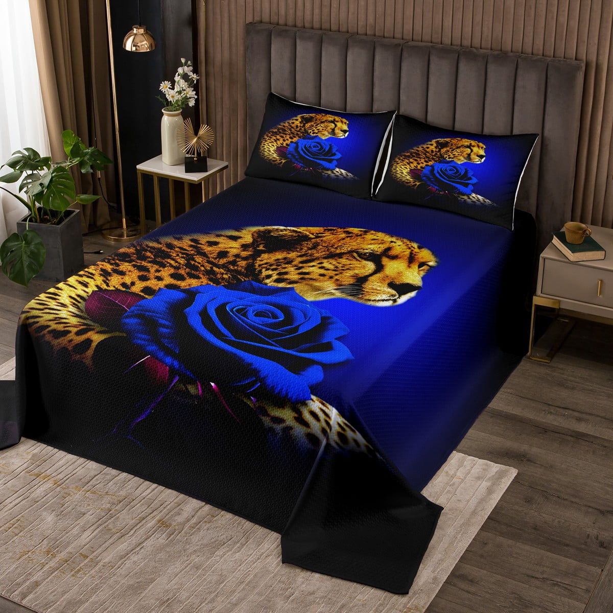 Cheetah Quilt Set Leopard Print Queen Bedspread Set,Romantic Blue Rose ...