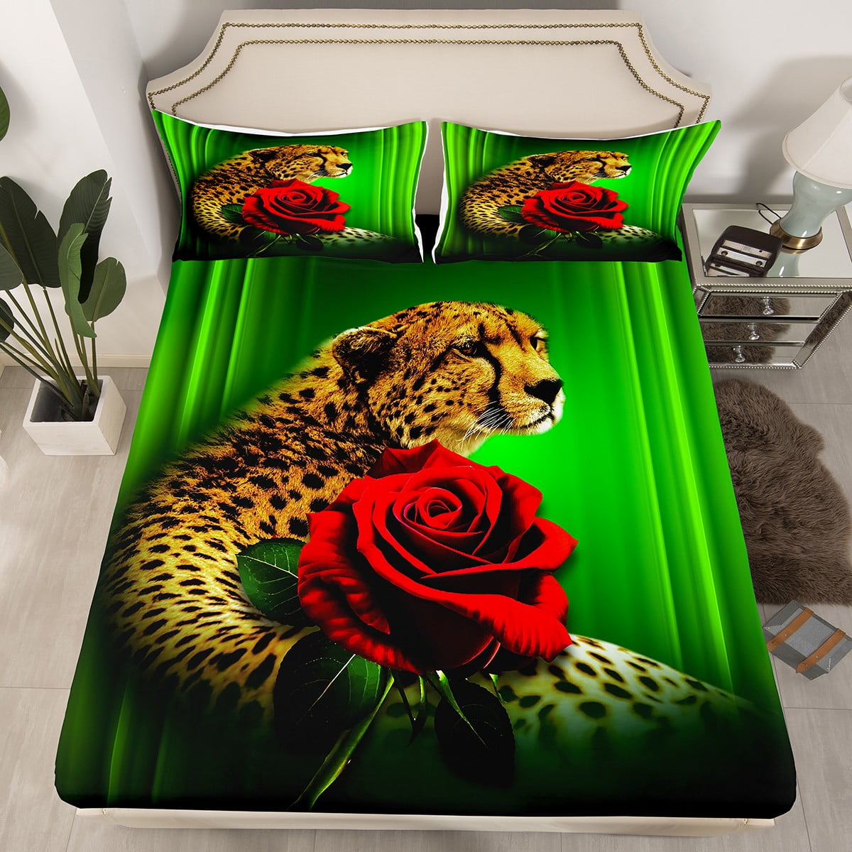 Cheetah Rose Bed Sheets Abstract Ombre Fitted Sheet Queen,Leopard Print ...