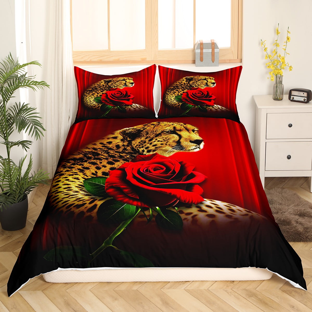 Cheetah Rose Bedding Set Abstract Ombre Duvet Cover Queen,Leopard Print ...