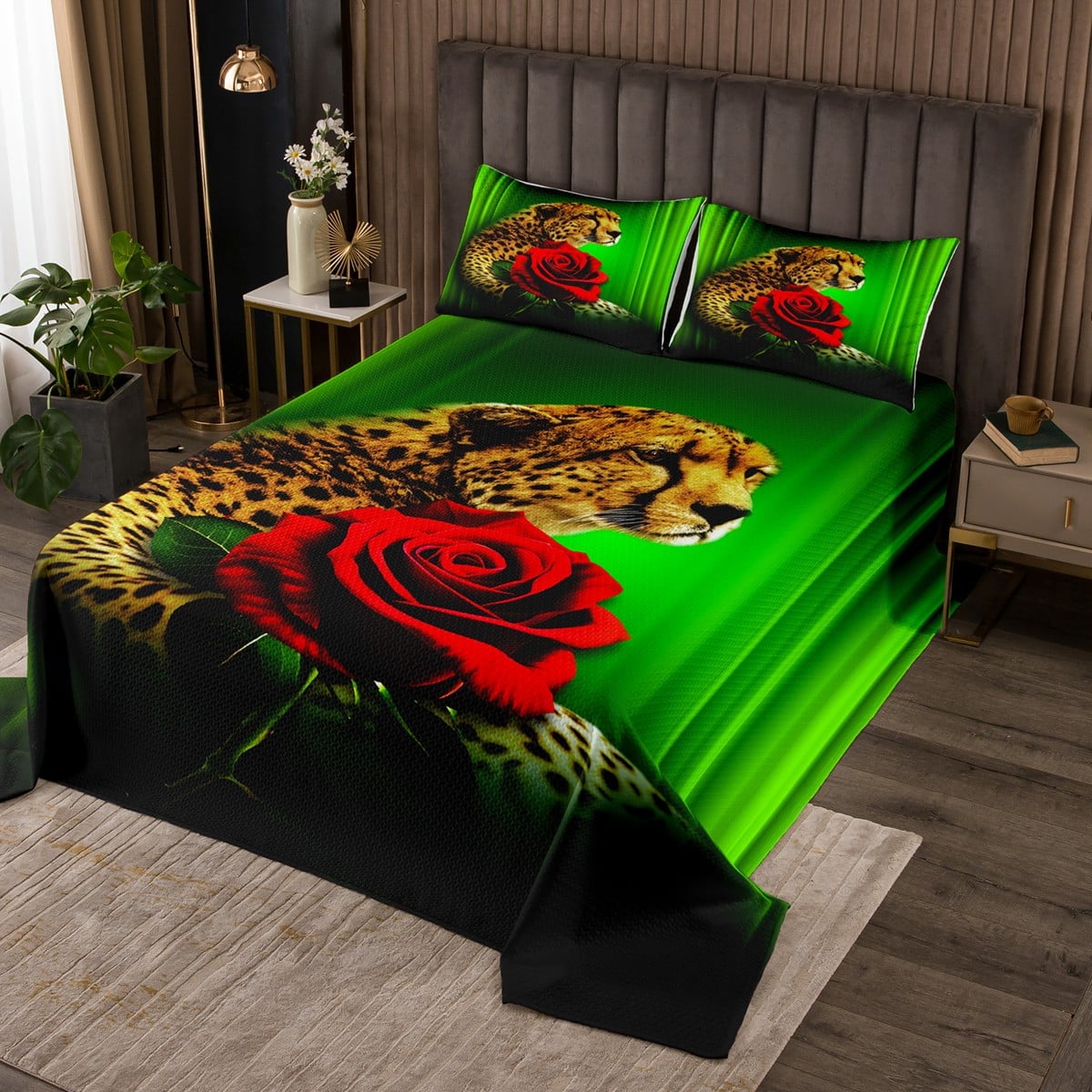 Cheetah Rose Bedspread Set Abstract Ombre Quilt Set Twin,Leopard Print ...